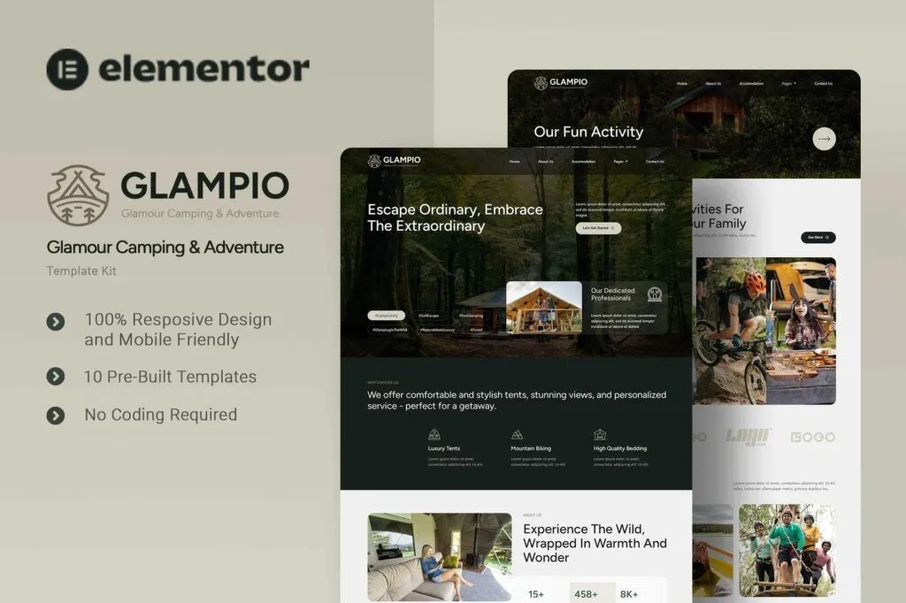 Glampio - Glamour Camping & Adventure Elementor Template Kit - plugintheme