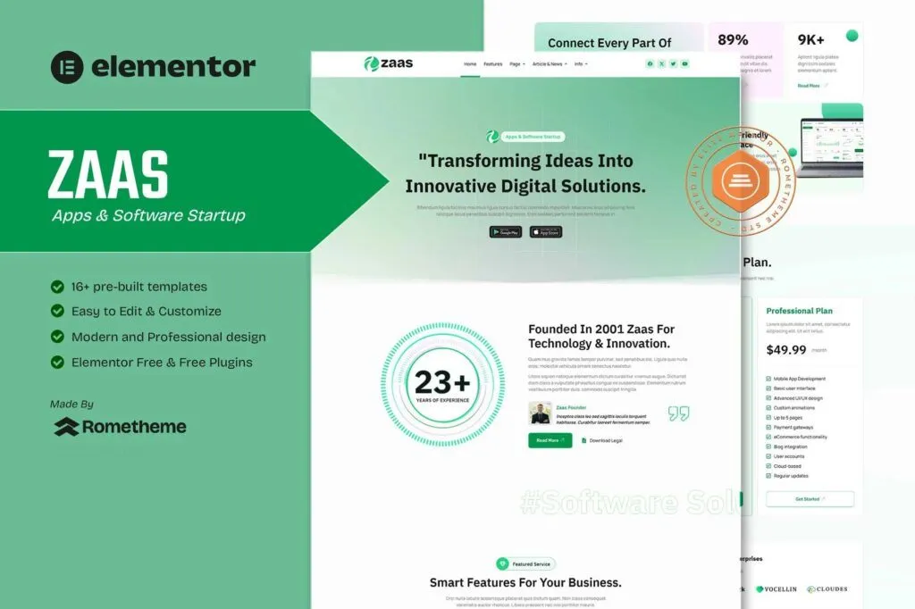 Zaas - Apps & Software Startup Elementor Template Kit - plugintheme